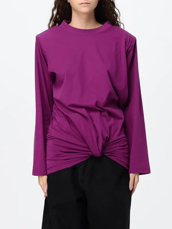 Balenciaga Long-sleeved Draped T-shirt With Padded Shoulders And Crew Neck - Violet