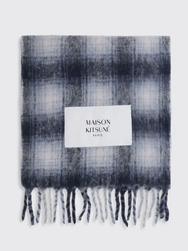 Maison Kitsuné Alpaca Wool Blend Check Scarf With Fringed Edges - Blue