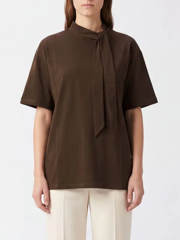 ELEH Short-sleeved Cotton Blend Pussy-bow Blouse - Brown