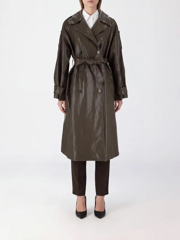 ELEH Double-breasted Faux Leather Long Trench Coat With Belt