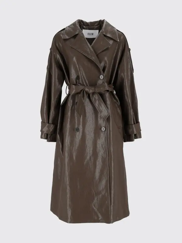 ELEH Double-breasted Faux Leather Long Trench Coat With Belt