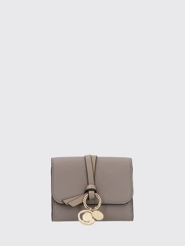 Chloé Calfskin Leather Trifold Wallet With Logo Charm - Grey