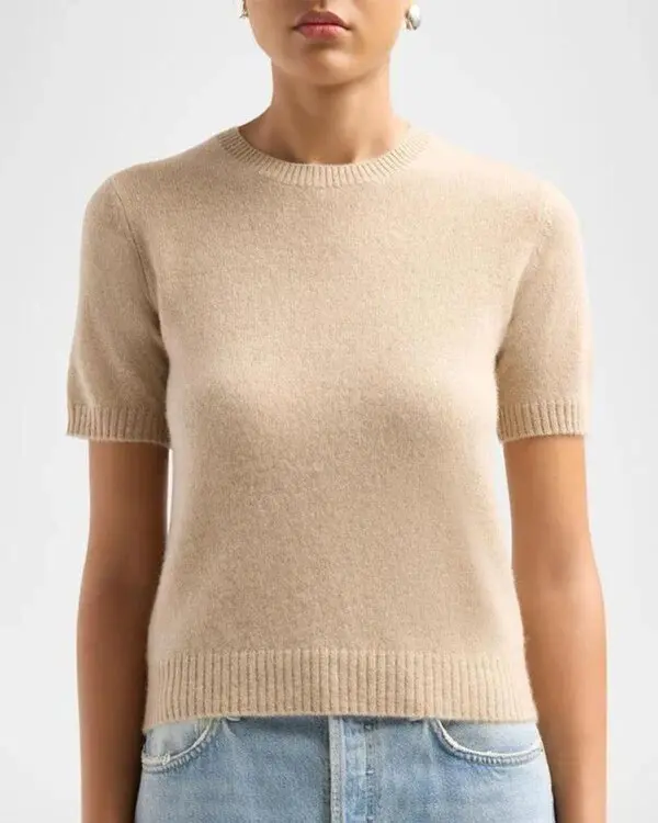 Neiman Marcus Basic Cashmere Shrunken Short-sleeve Crewneck Sweater