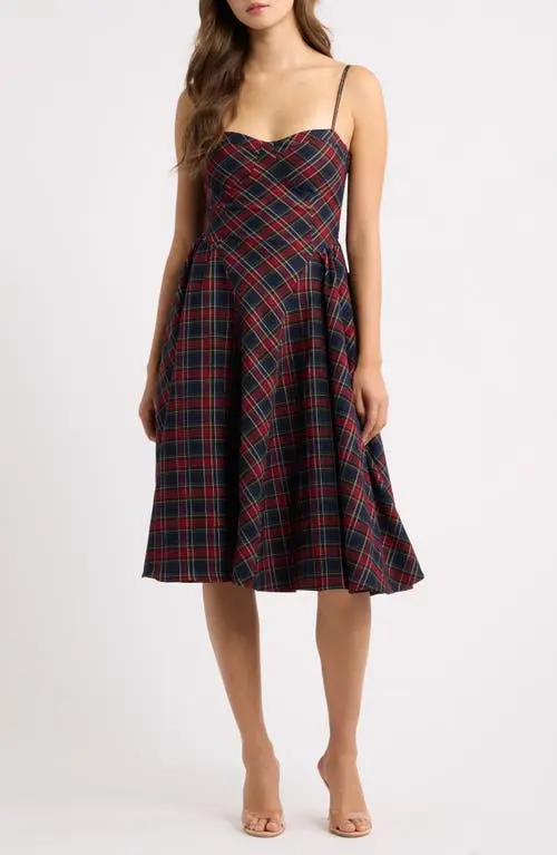 EMERALD SUNDAE Plaid Sweetheart Neck Tie Back Dress