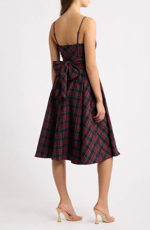 EMERALD SUNDAE Plaid Sweetheart Neck Tie Back Dress