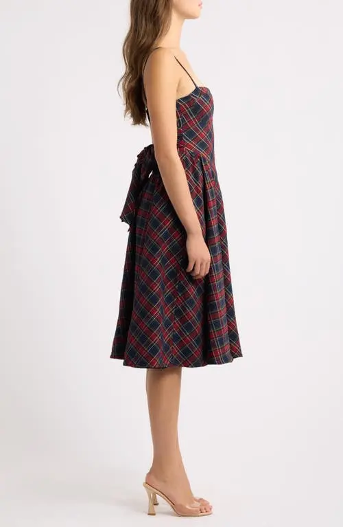 EMERALD SUNDAE Plaid Sweetheart Neck Tie Back Dress