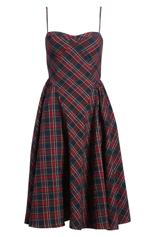 EMERALD SUNDAE Plaid Sweetheart Neck Tie Back Dress