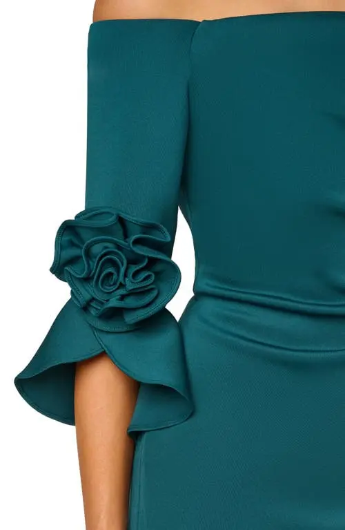 Adrianna Papell Rosette Off The Shoulder Scuba Crepe Gown - Hunter