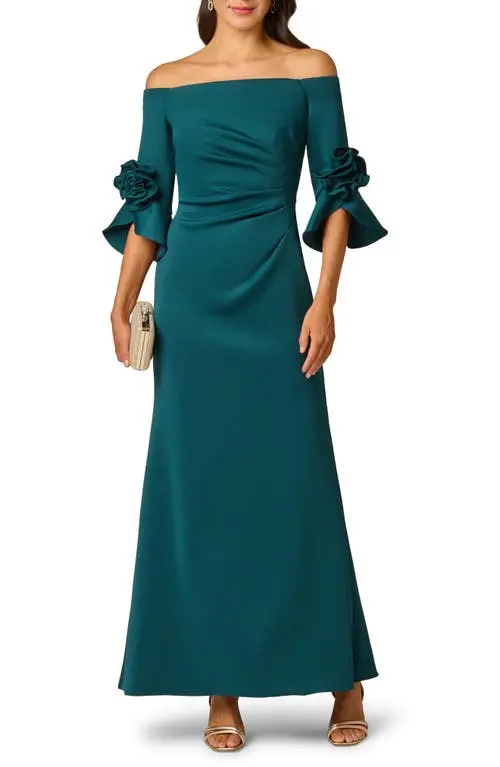 Adrianna Papell Rosette Off The Shoulder Scuba Crepe Gown - Hunter