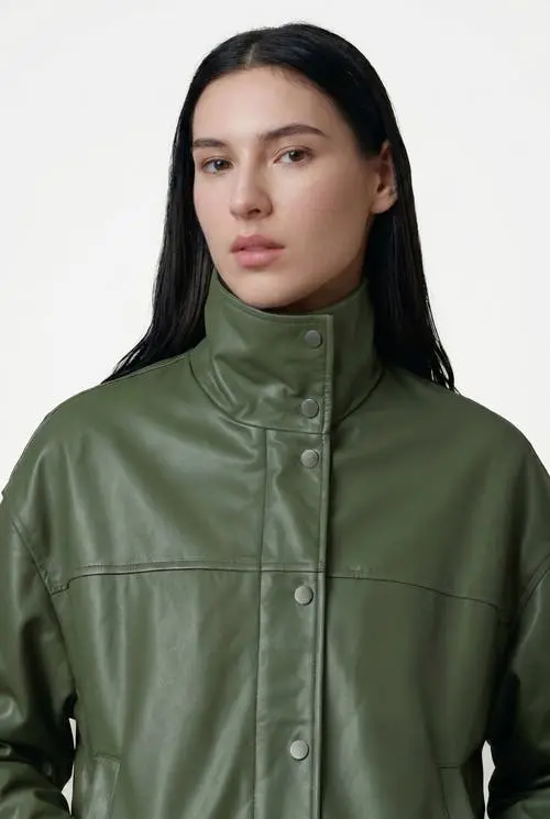 FURNIQ UK Arden Funnel Neck Leather Jacket - Khaki