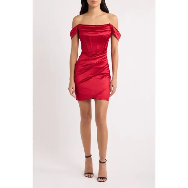 EMERALD SUNDAE Off The Shoulder Satin Corset Cocktail Dress
