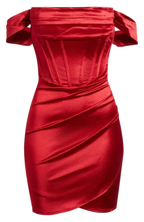 EMERALD SUNDAE Off The Shoulder Satin Corset Cocktail Dress