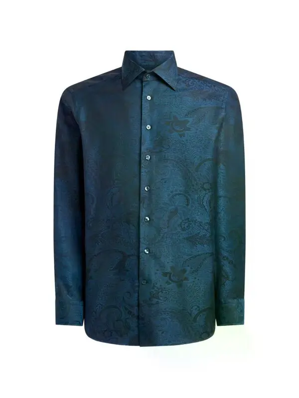 Etro Cotton Jacquard Shirt With Paisley Foliage-motif - Blue