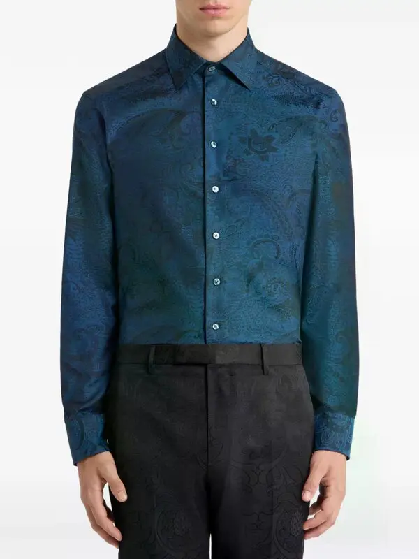 Etro Cotton Jacquard Shirt With Paisley Foliage-motif - Blue