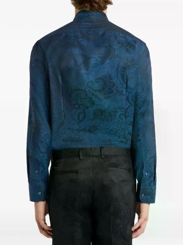 Etro Cotton Jacquard Shirt With Paisley Foliage-motif - Blue