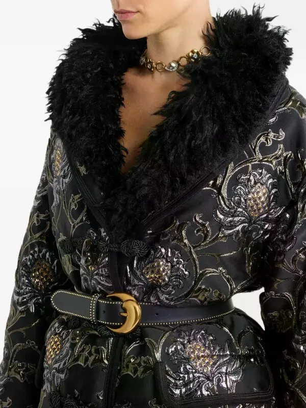 Etro Short Jacquard Coat With Belt And Faux-fur