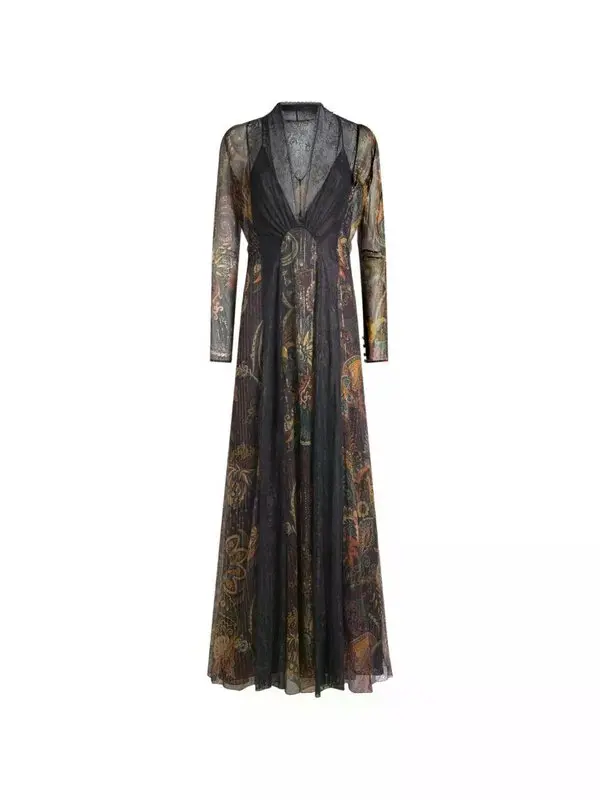 Etro Long Dress In Silk With Lace And Floral Motif