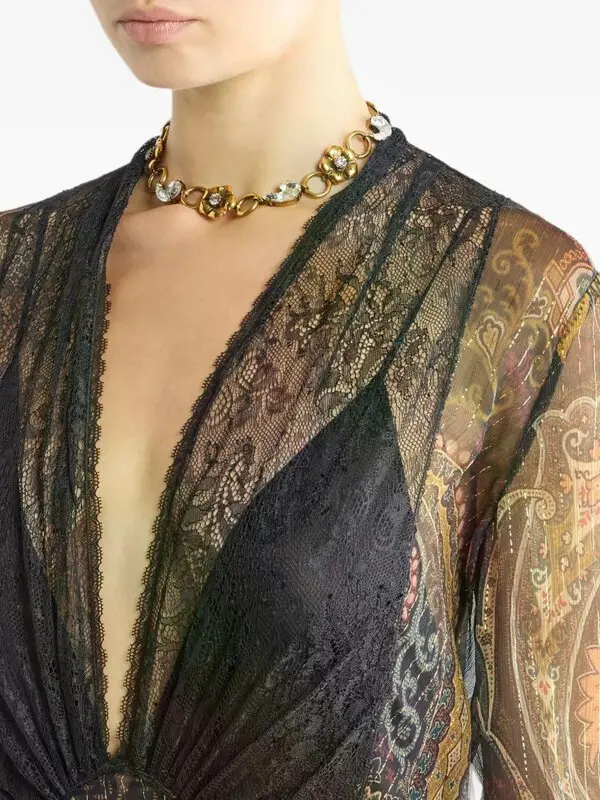 Etro Long Dress In Silk With Lace And Floral Motif