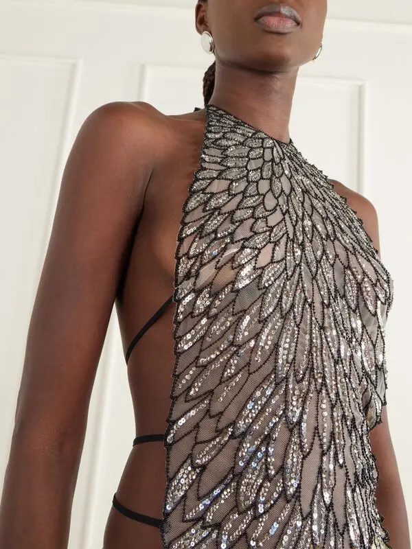 Attico Tie-detailed Sequin-embellished Tulle Tank