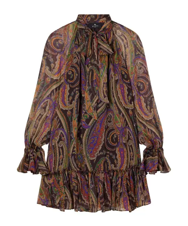 Etro Pussy-bow Gathered Paisley-print Mini Dress - Brown