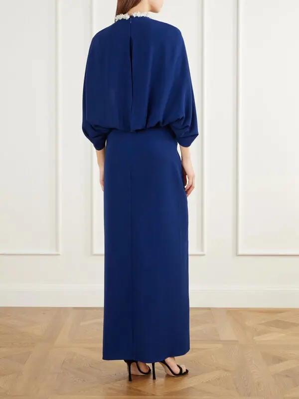 Simkhai Cape-effect Bead-embellished Gathered Velvet-trimmed Crepe Gown