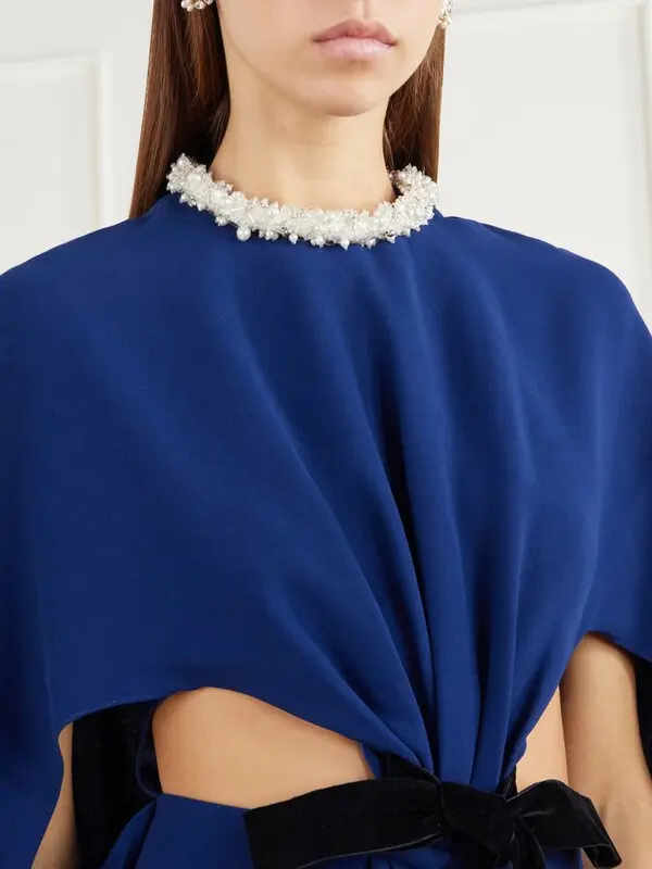Simkhai Cape-effect Bead-embellished Gathered Velvet-trimmed Crepe Gown