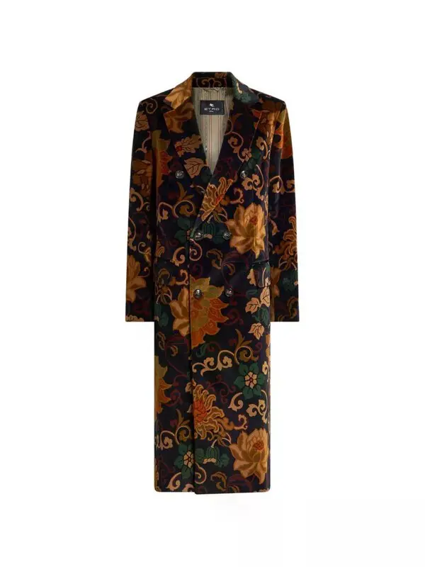 Etro Double-breasted Velvet Coat With Placed Floral-print