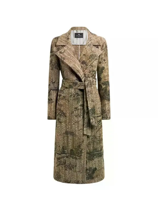 Etro Bouclé Wrap Coat With Flower And Animal Motif - Neutrals