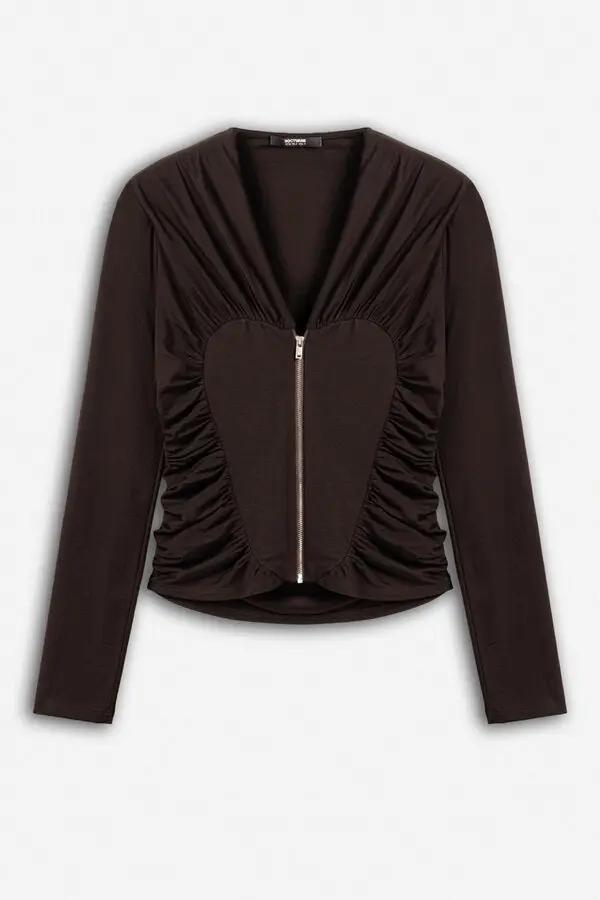 NOCTURNE Ruffle Trim Zip Front Blouse - Brown