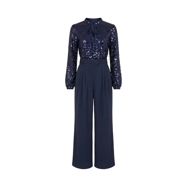 YUMI Navy Long Sleeve Sequin Jumpsuit - Blue