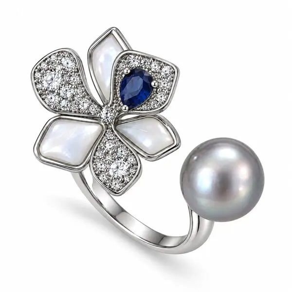 NINEMOO Nacre Gris Fleur Freshwater Pearl Ring