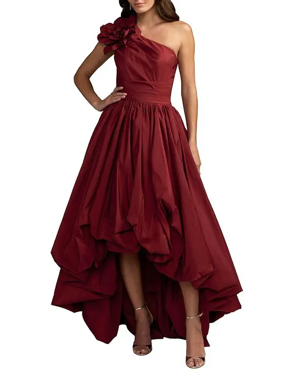 Mac Duggal One Shoulder High Low Gown With 3d Flower - Ruby