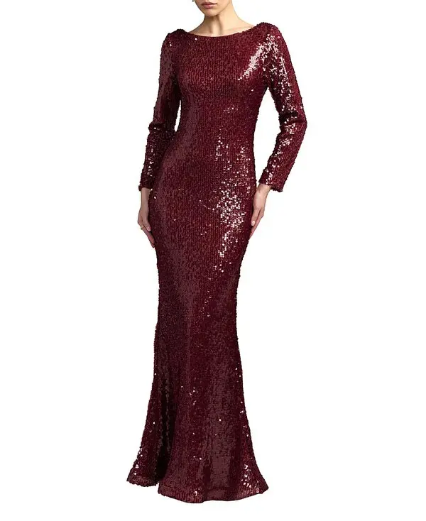 Mac Duggal Petite Long Sleeve Cowl Back Sequin Gown - Ruby