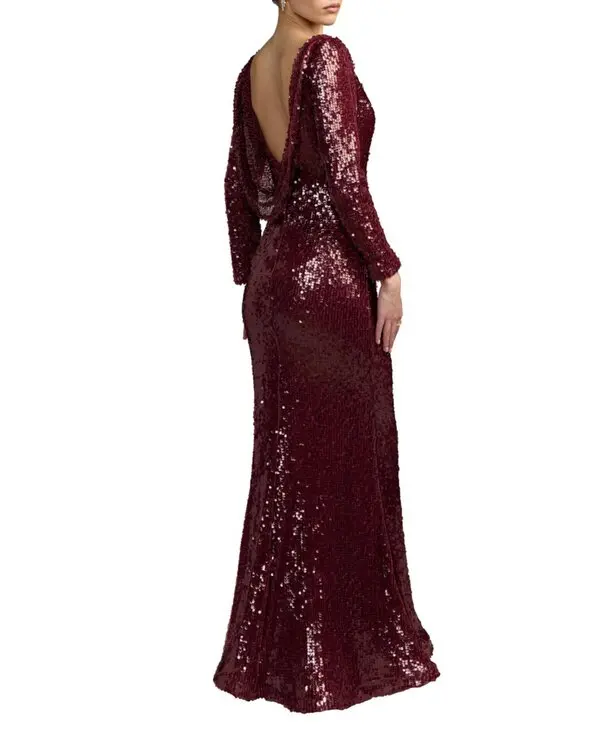 Mac Duggal Petite Long Sleeve Cowl Back Sequin Gown