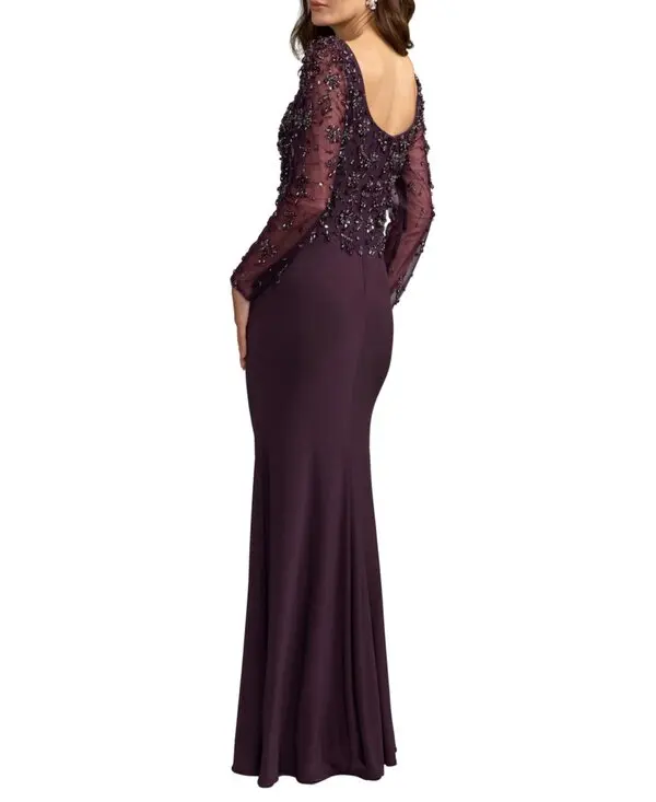 Mac Duggal Embellished Mesh Long Sleeve Column Gown