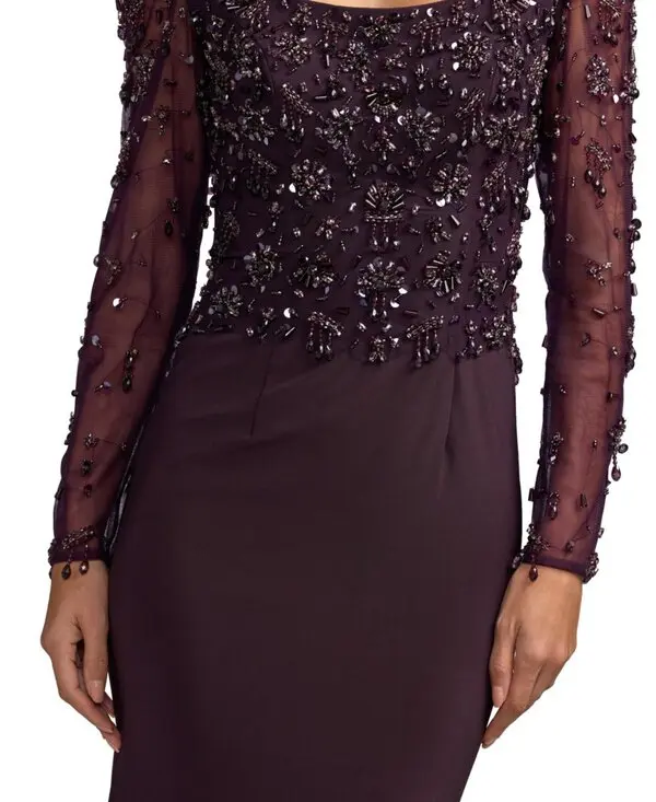 Mac Duggal Embellished Mesh Long Sleeve Column Gown