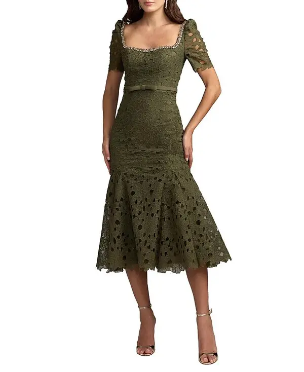 Mac Duggal Embellished Square Neck Lace Midi Dress - Olive