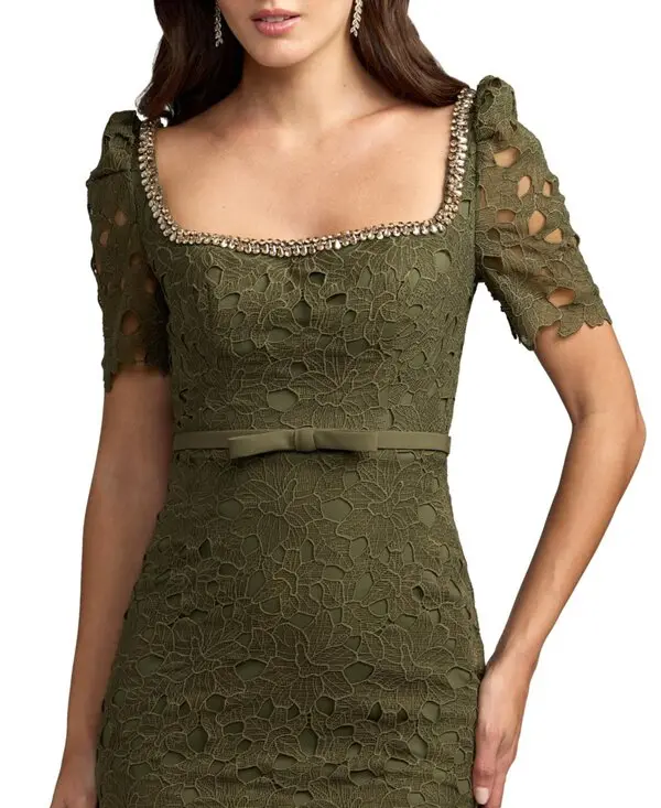 Mac Duggal Embellished Square Neck Lace Midi Dress