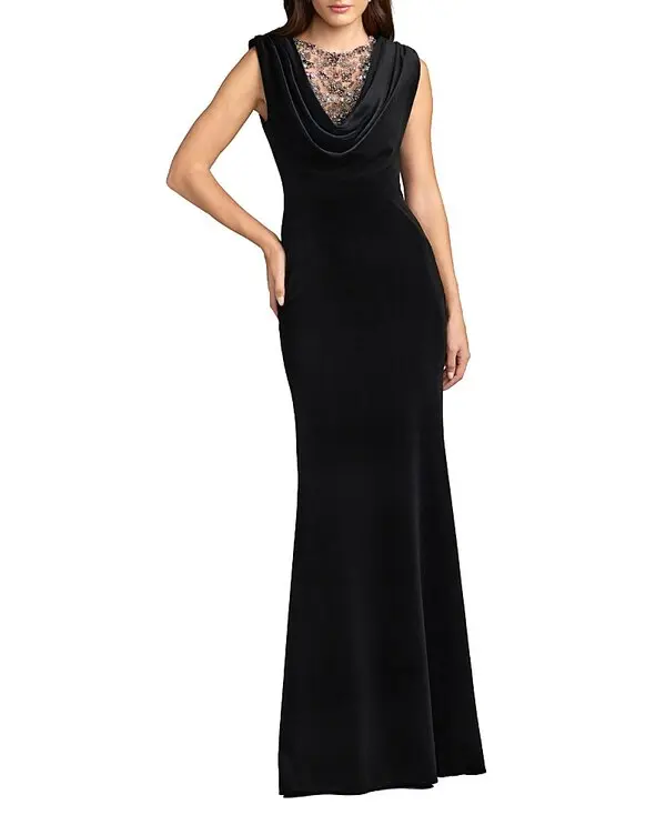 Mac Duggal Velvet Cowl Gown With Sheer Beaded Neckline - Black