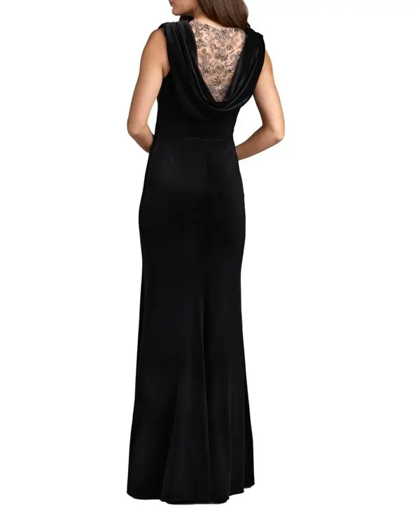 Mac Duggal Velvet Cowl Gown With Sheer Beaded Neckline
