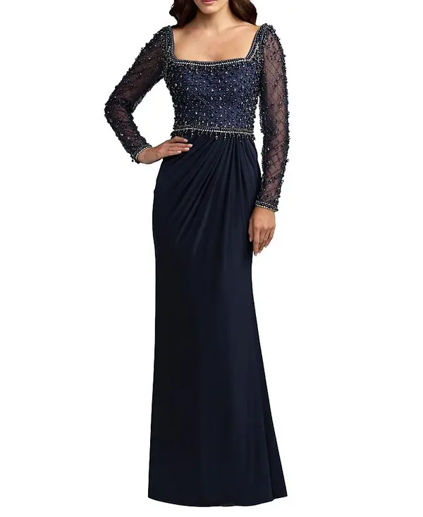 Mac Duggal Beaded Jersey Square Neck Long Sleeve Gown - Midnight