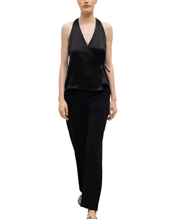 LESET Barb Sleeveless Satin Wrap Top - Black