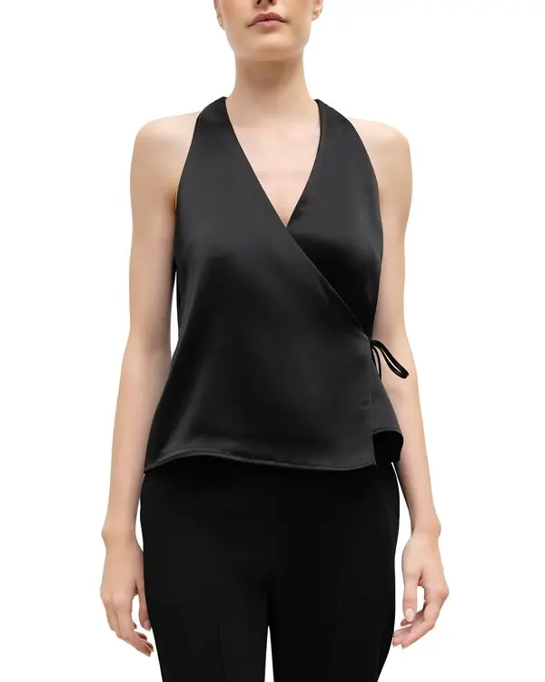 LESET Barb Sleeveless Satin Wrap Top - Black