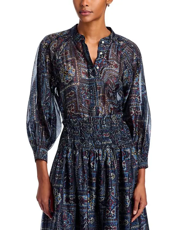 The Great. The Ashland Sheer Printed Long Sleeve Top - Tile Print