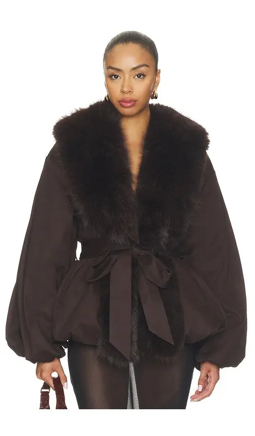 ROTATE BY BIRGER CHRISTENSEN Faux Fur Collar Jacket In Brown
