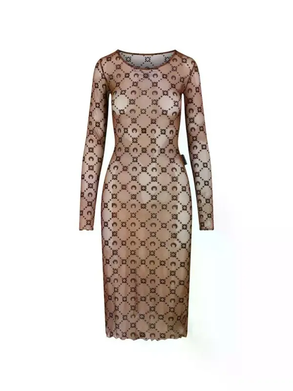 MARINE SERRE Moonogram Mesh Flock Long-sleeves Midi Crewneck Dress - Brown