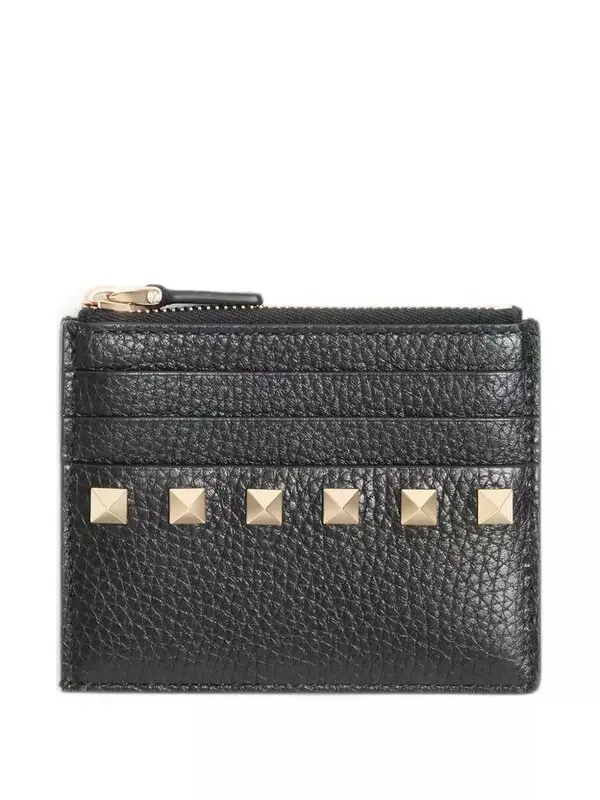 Valentino Garavani Rockstud Cardholder With Zipper In Grainy Calfskin - Black