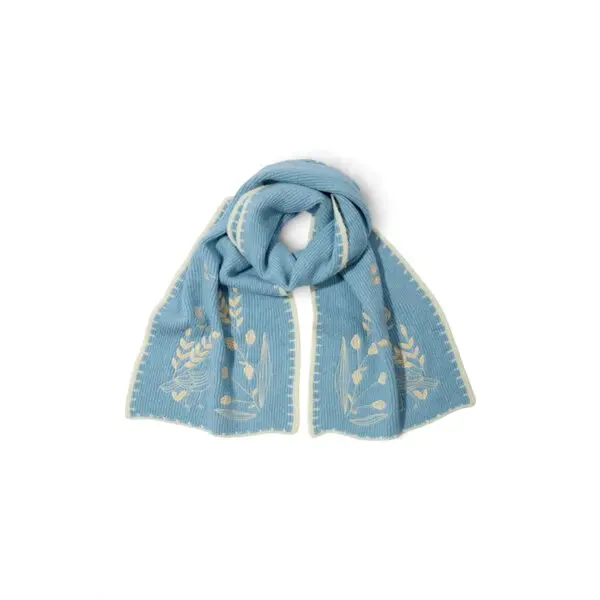 Saachi Embroidered Aviary Wool Scarf - Blue