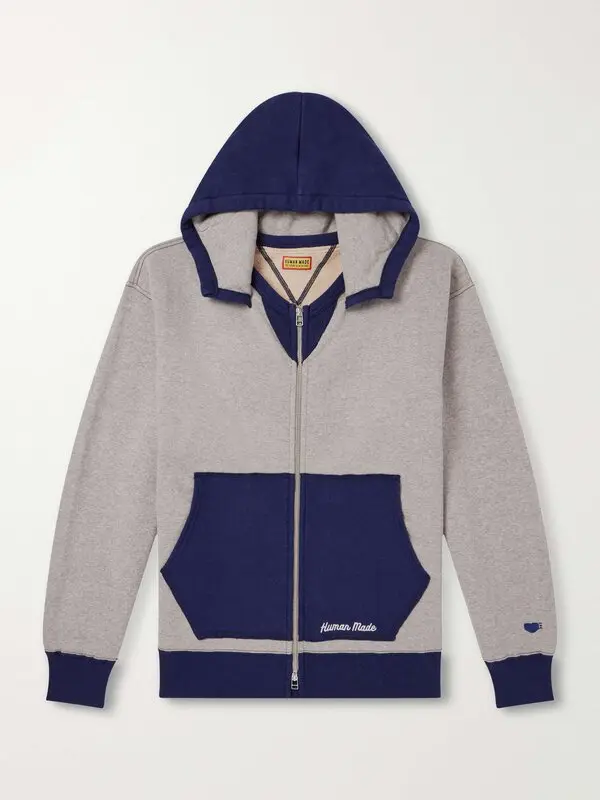 HUMAN MADE Logo-embroidered Two-tone Cotton-jersey Zip-up Hoodie