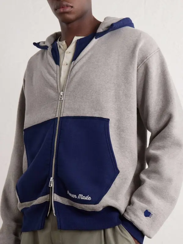 HUMAN MADE Logo-embroidered Two-tone Cotton-jersey Zip-up Hoodie
